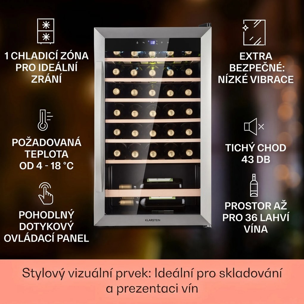 Klarstein Vinamour 32 Uno, vinotéka, 95 l/36 lahví, 1 zóna, 4-18 °C, dotykové ovládání
