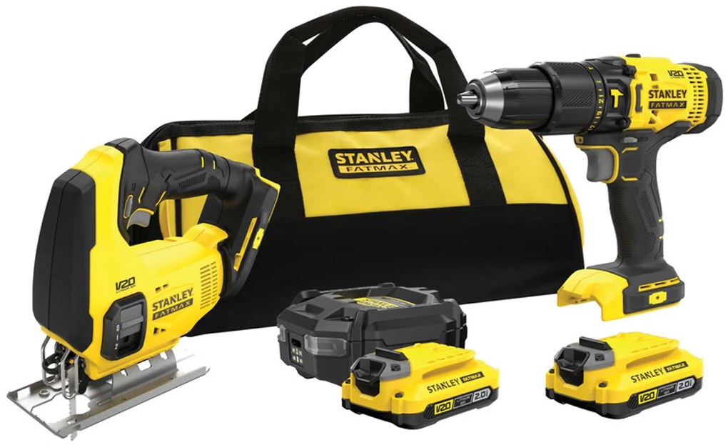 Stanley - 18V AKU sada příklepové vrtačky a přímočaré pily, 2x aku 2,0 Ah Li-Ion, nabíječka SFMCK212D2S-QW