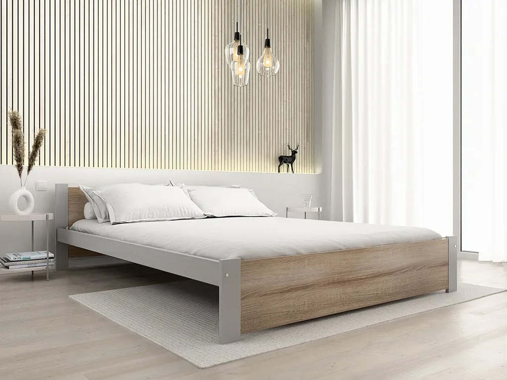 Postel IKAROS 160 x 200 cm, dub sonoma/šedá Matrace: Matrace Coco Maxi 20 cm, Rošt: S laťkovým roštem
