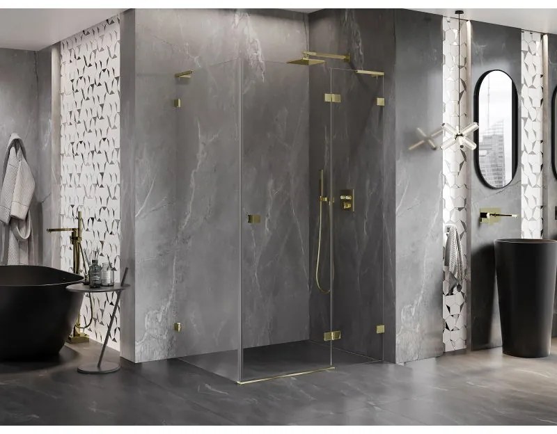 Mexen Lunar, L pravý výklopný sprchový kout 95 x 70 cm, 8mm čiré sklo, zlatý profil, 834L-095-070-50-00-P