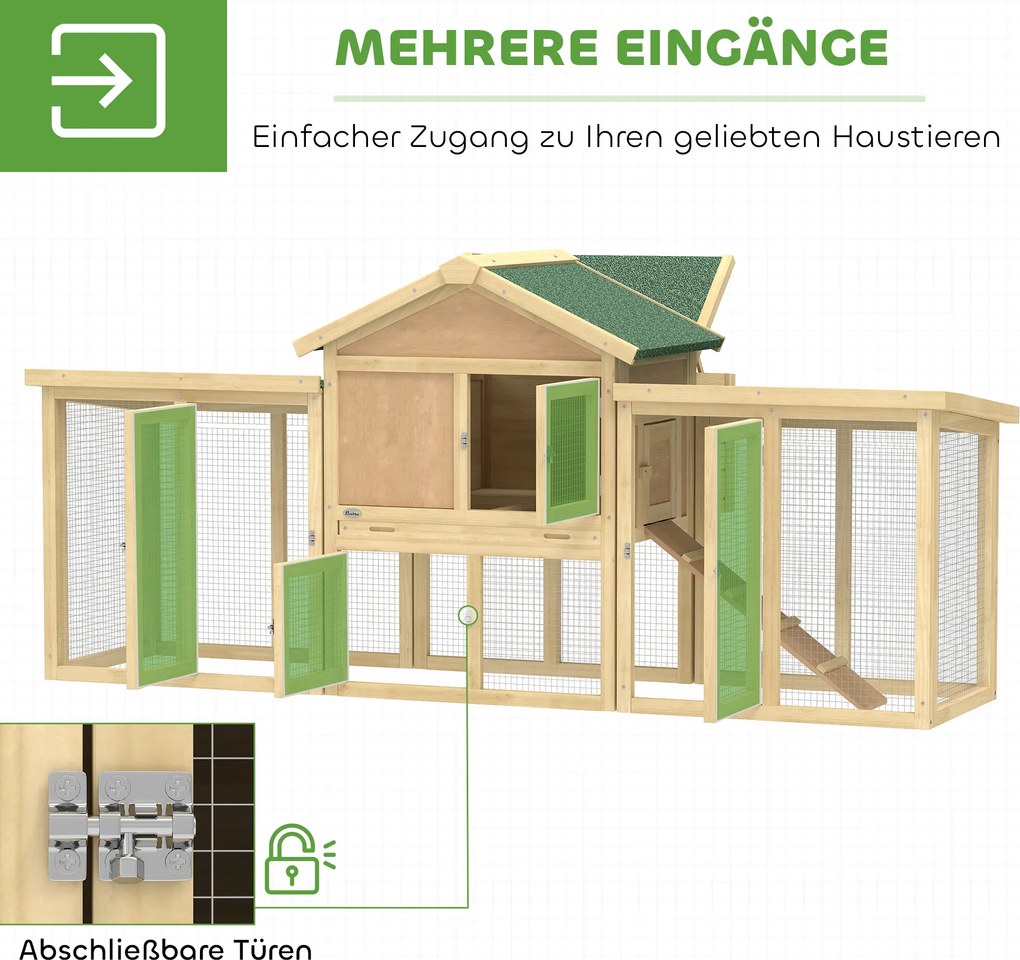 Kurník Dřevěný kurník s hnízdištěm, nepromokavou střechou, bidlem, výběhem, rampou, 204x85x93 cm přírodní dřevo