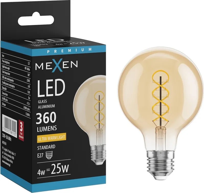 Mexen Vintis, LED filamentová žárovka E27, G80, 4 W, teplá bílá 2200K, jantarová, L165-E27-0422-50