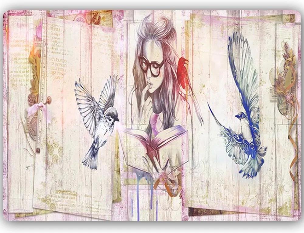 CARO Kovový obraz - Girl With A Book 40x30 cm