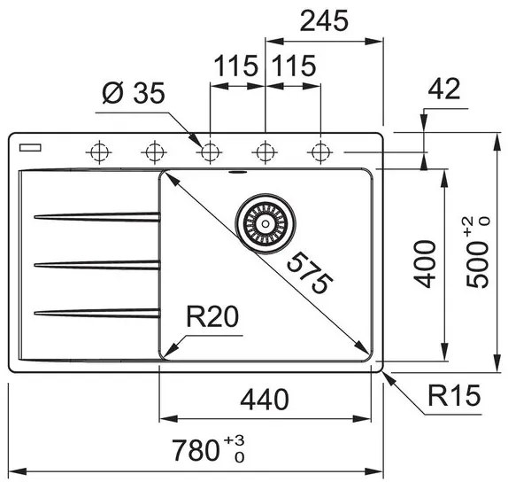 Franke Centro CNG 611-78 TL/2 Granitový dřez s odkapem vpravo, 78x50cm, černá mat, 114.0637.513