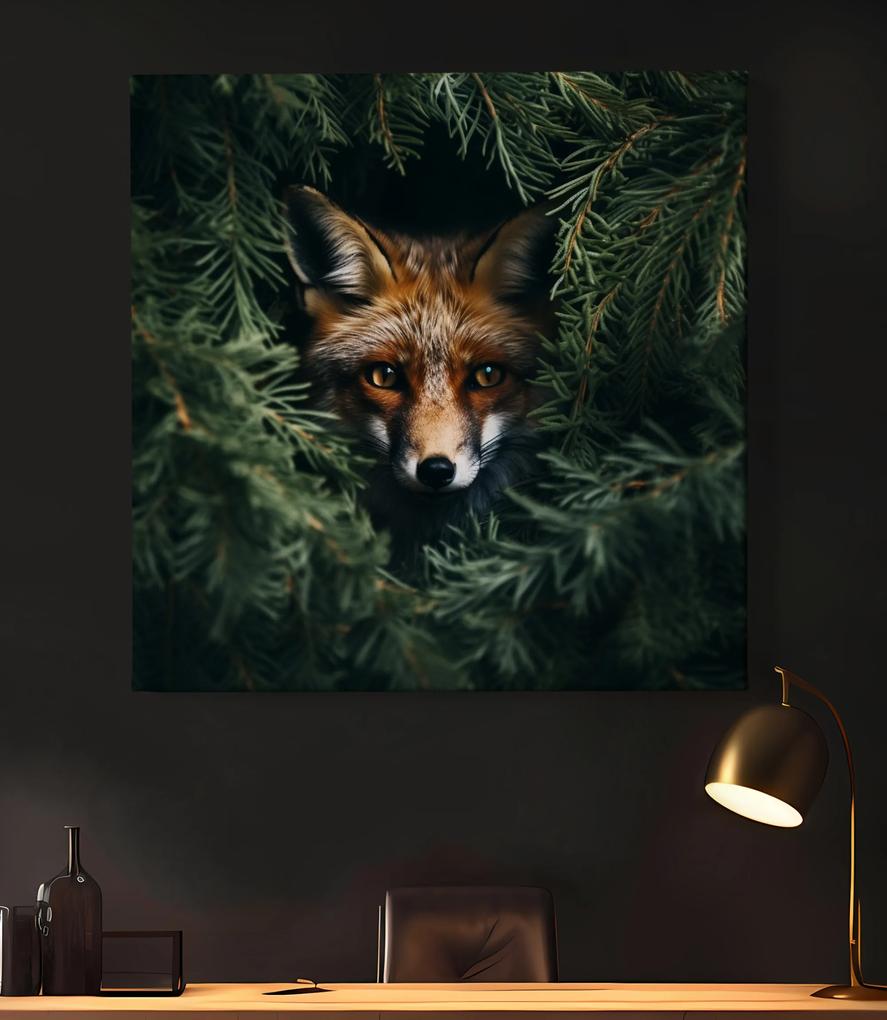 Obraz na plátně - Liška schovaná v jehličí FeelHappy.cz Velikost obrazu: 100 x 100 cm