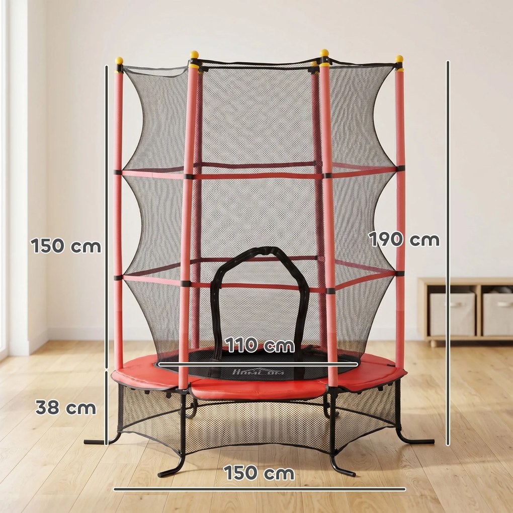 HOMCOM dětská trampolína Ø163 cm, trampolína s ochrannou sítí, kryt hran, zahradní trampolína pro děti 3-10 let, max. zatížení 50 kg, červená barva