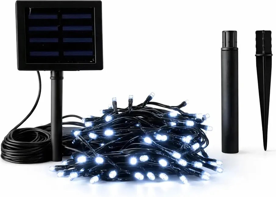 LED venkovní solární světýlka na zahradu, 5 m, ledově bílá, 50 diod, černý kabel, IP44, solární panel