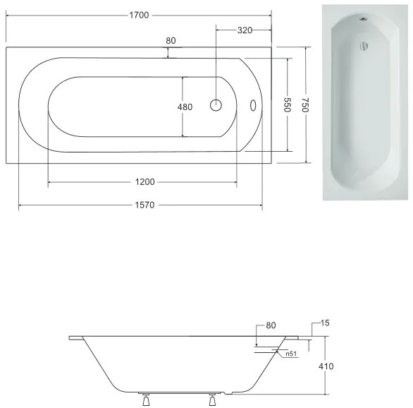 NIKIDO Akrylátová vana INTRICA SLIM 150x75, 160x75, 170x75 Velikost: 150x75