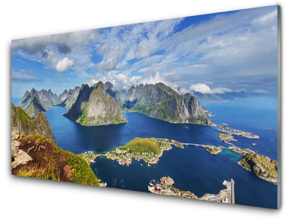 Obraz na skle Hory Moře Záliv Krajina 100x50 cm