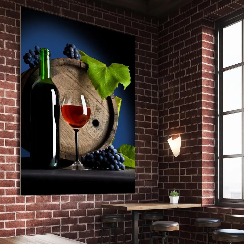 Obraz - zátiší láhve, soudku a sklenice červeného vína plátno na podrámku 30 x 40 cm