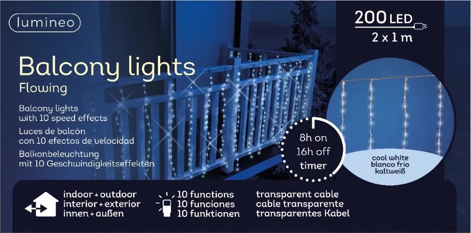 světelný závěs na balkon okna 220 Led s programátorem Studená bílá 2 m