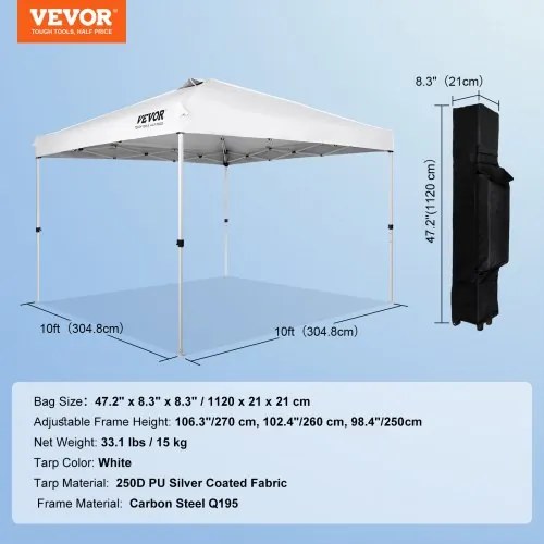 Párty stan Pop Up Canopy 3,05 × 3,05 m s přenosnou taškou pro kempování bílá