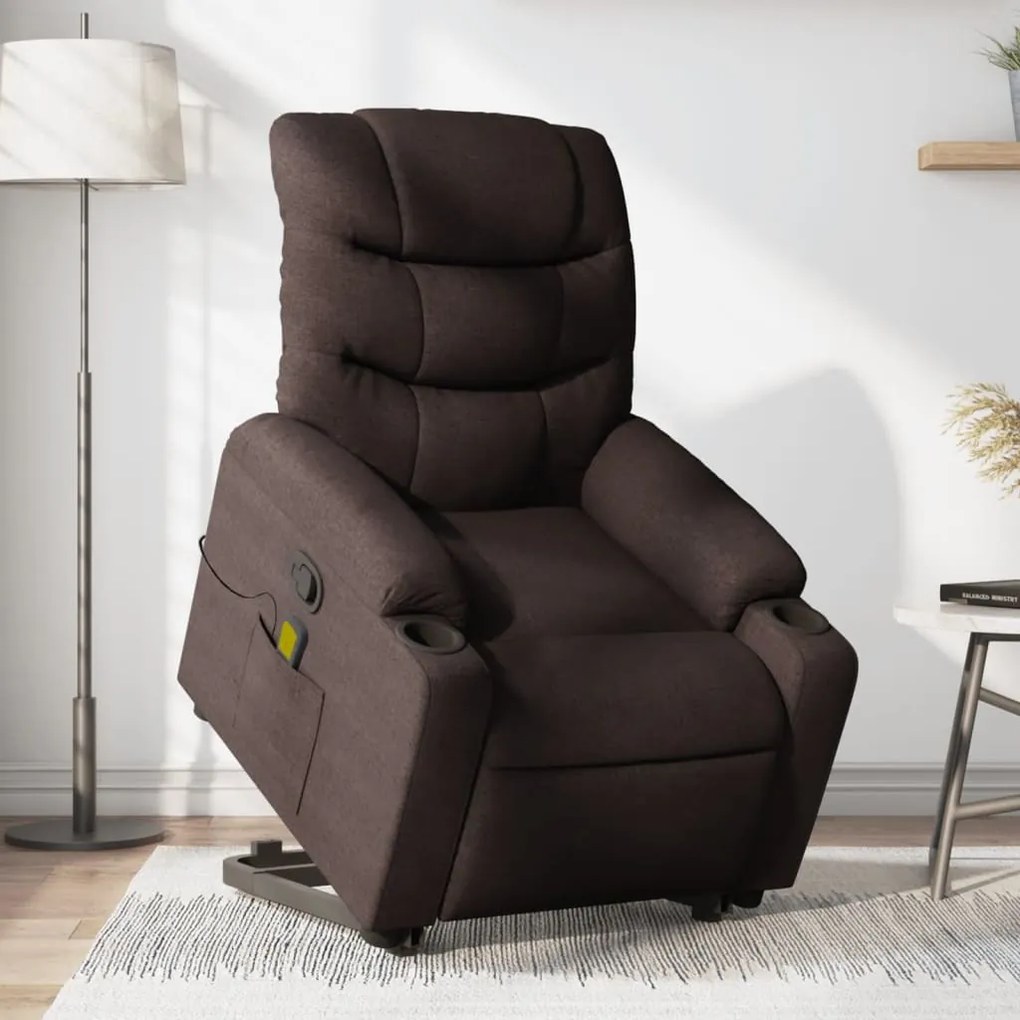 Zvedací masážní polohovací křeslo tmavě hnědé textil 3206659