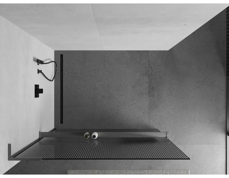 Mexen Kioto+ L, sprchová zástěna Walk-In s poličkou a věšákem 120 x 200 cm, 8mm sklo s žebrovým vzorem, grafitový profil, 800-120-123-66-09
