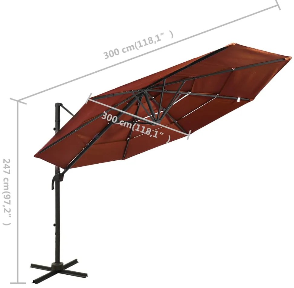 vidaXL Marketos 4stupňový zahradní slunečník s hliníkovou tyčí terakota 3 x 3 m
