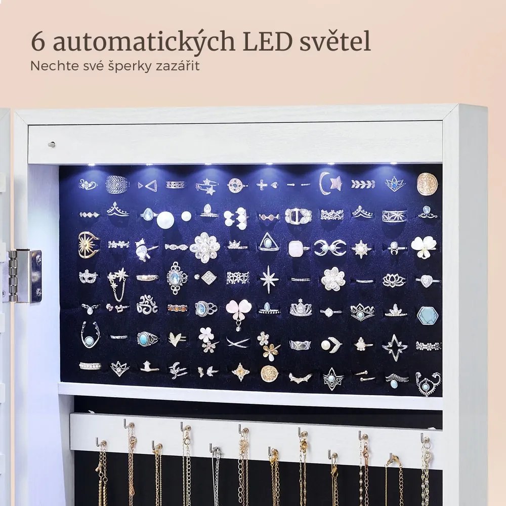 Nástěnná šperkovnice se zrcadlem JEWELIA s LED osvětlením, 10x37x120 cm, bílá SongmicsHome
