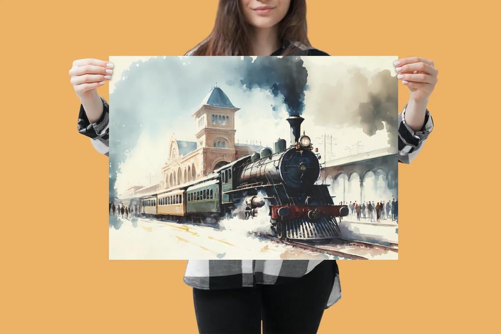 Plakát - Parní vlak v nádraží FeelHappy.cz Velikost plakátu: A2 (42 x 59,7 cm)