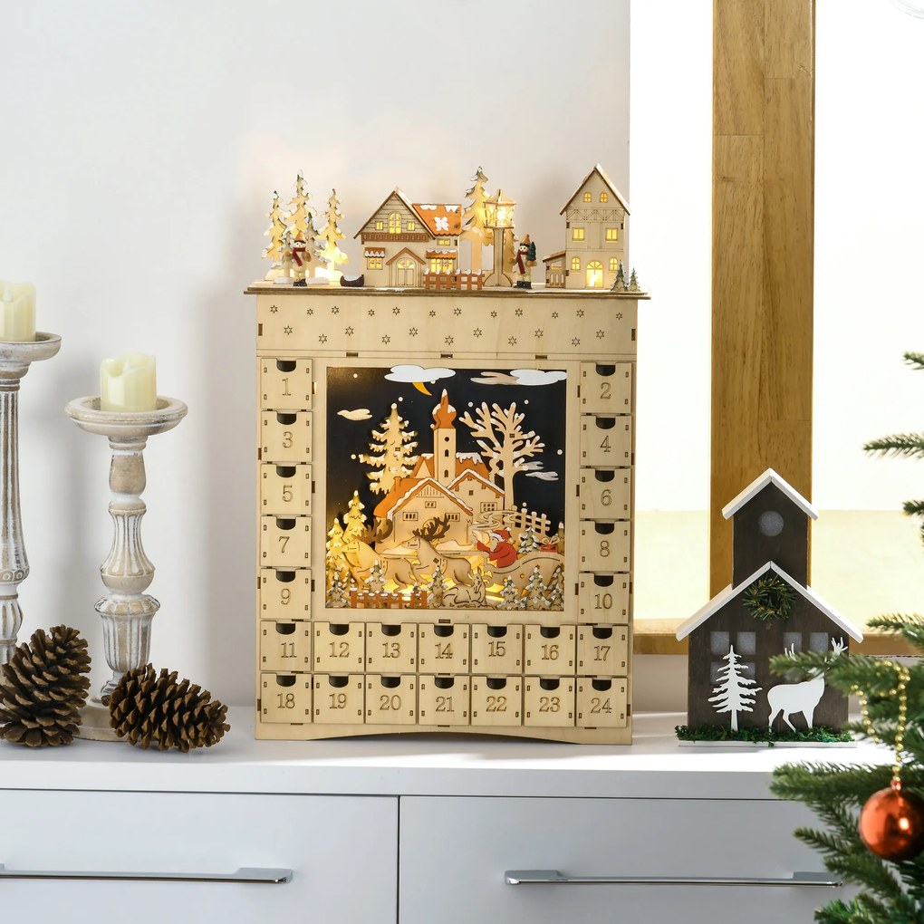 HOMCOM Adventní kalendář k naplnění, 24 šuplíků, přihrádky, vánoční kalendář s LED světly, přírodní dřevo, 36 x 9 x 52 cm