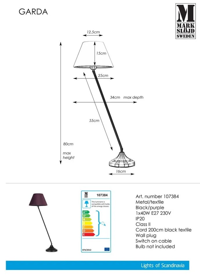 Černo-fialová stolní lampa Markslöjd Garda