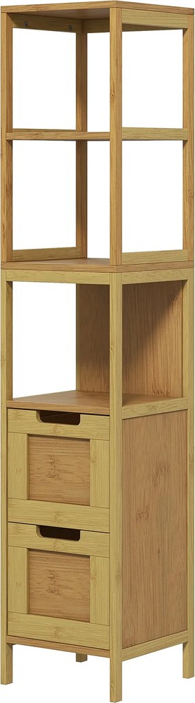 Kleankin Elegantní koupelnová sloupová skříňka 30L x 30W x 144H cm se 3 policemi a 2 zásuvkami z přírodního bambusu | Aosom