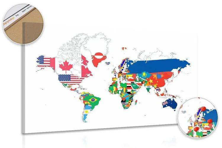Obraz na korku mapa světa s vlajkami s bílým pozadím