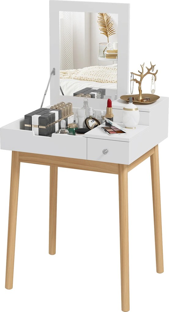 HOMCOM Toaletní Stůl s Zrcadlem Moderní Styl - 2 Zásuvky, Sklopné Zrcadlo do Ložnice, Obývacího Pokoje, 60 x 50 x 85,5 cm