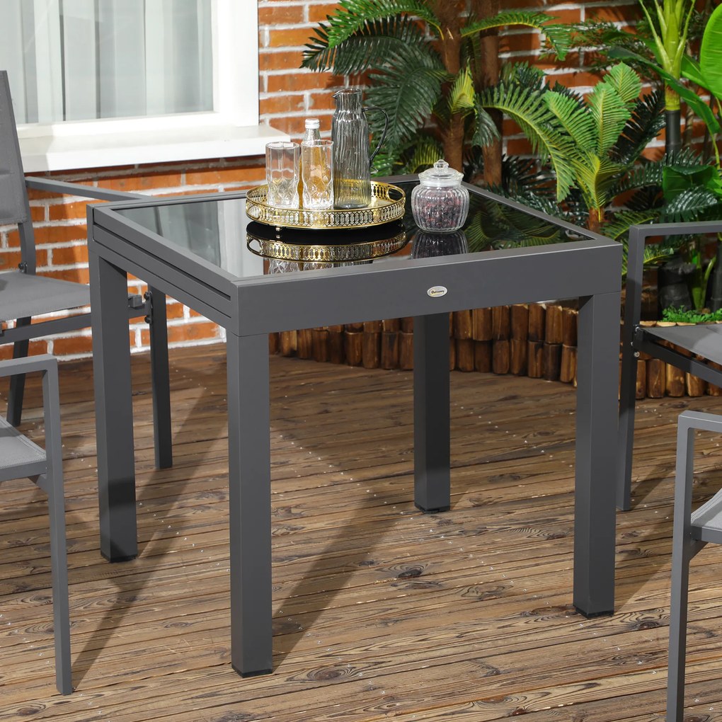 Rozkládací zahradní stůl Outsunny z hliníku s obdélníkovým tvarem a tvrzeným sklem pro 4-6 osob, nosnost 50 kg, rozměry 80-160x80x75 cm, černý