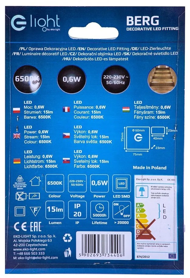 Schodišťové LED svítidlo Berg, 1x LED 0,6w, 6500k, s