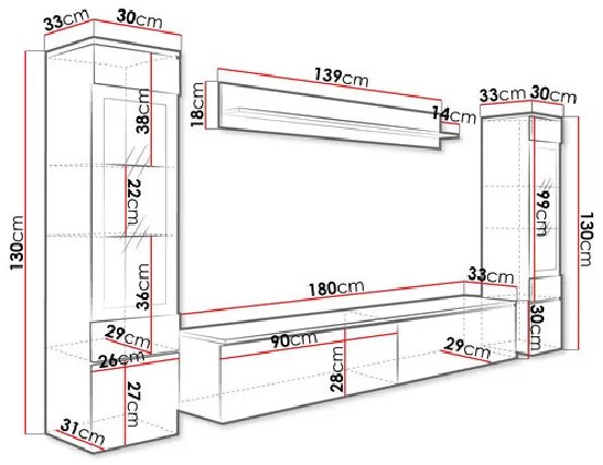 Obývací stěna s LED osvětlením WANDA 2 - dub wotan / lesklá černá