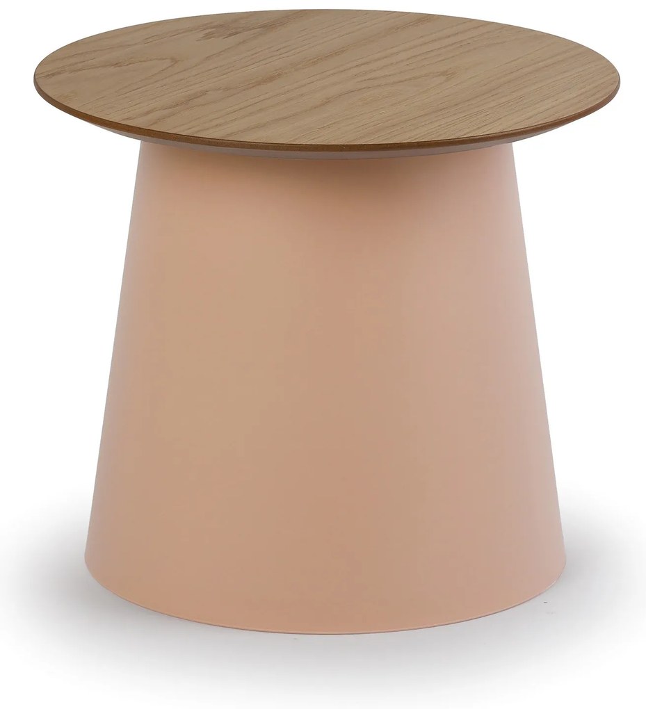 Plastový kávový stolek SETA s dřevěnou deskou, průměr 49 cm, dub/cihlová