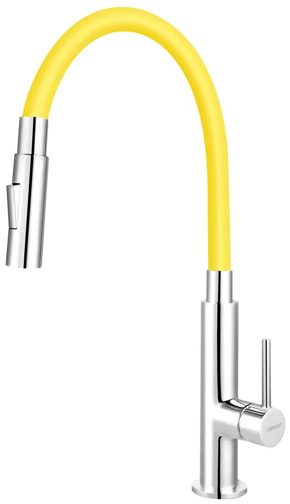 Ferro Zumba - Dřezová/Vysoká stojánková baterie s elastickým ramenem a sprškou, Žlutá/Chrom, 70730-0ZL