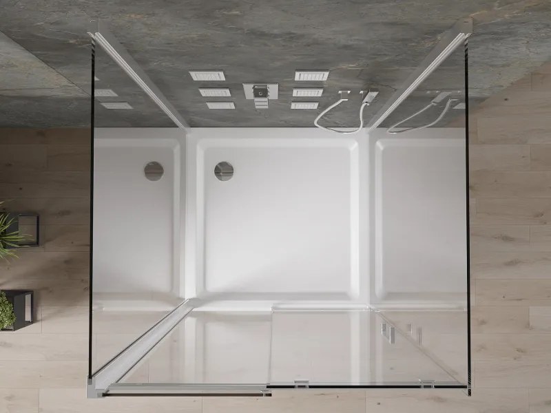 Mexen Omega, 3-stěnový sprchový kout s posuvnými dveřmi 100 (dveře) x 100 (stěna) x 190 cm, 8mm čiré sklo, chromový profil + bílá sprchová vanička SLIM, 825-100-100-01-00-3s-401