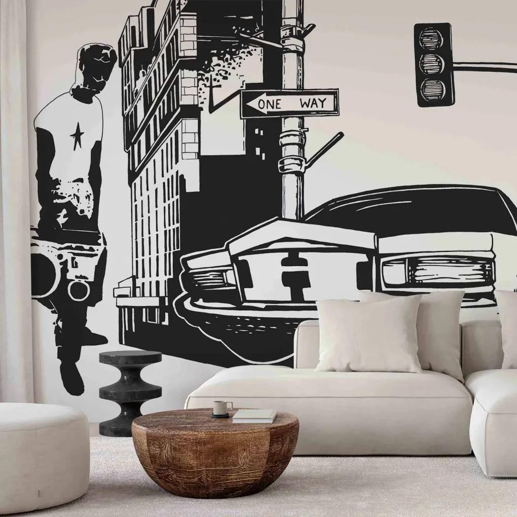 Fototapeta Street art - černobílé zachycení architektury s taxíkem a postavou