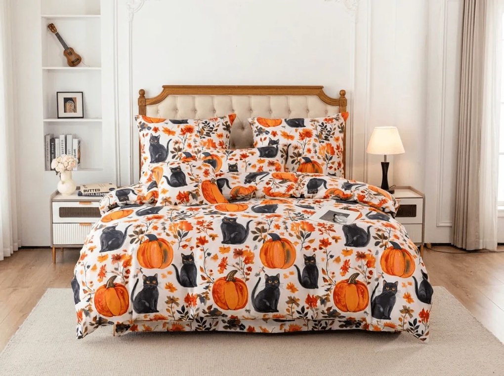 Povlečení z mikrovlákna CATS AND PUMPKINS barevné Rozměr povlečení: 70 x 90 cm | 140 x 200 cm