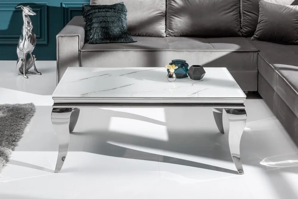 Designový konferenční stolek Rococo 100 cm stříbrný - mramor