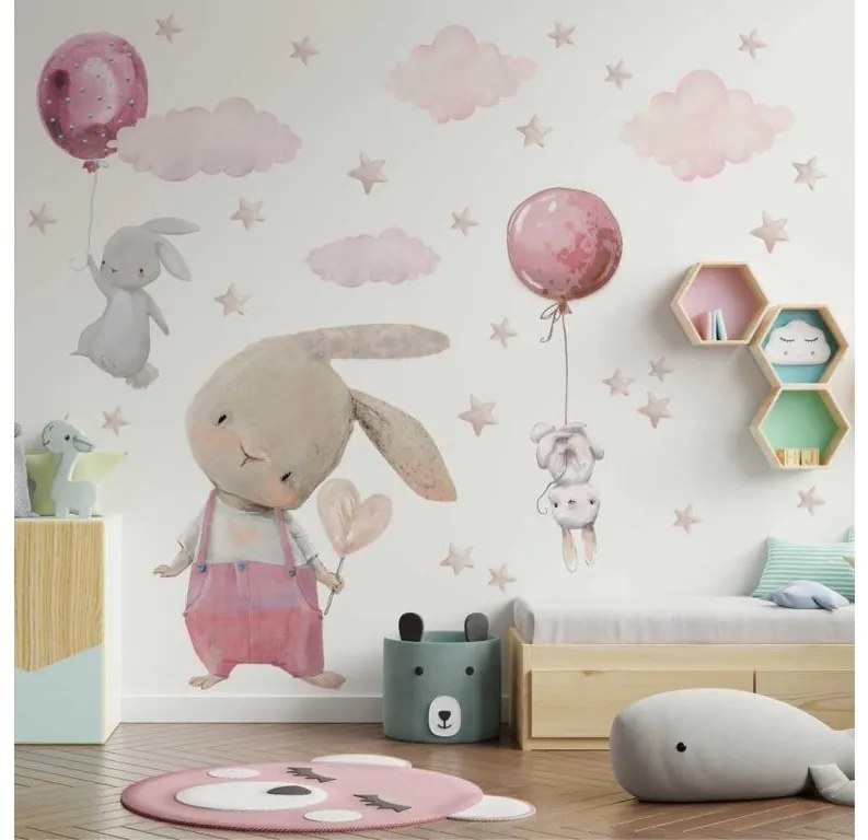 Gario Dětská nálepka na zeď Zajíčci s balóny Barva: Růžová