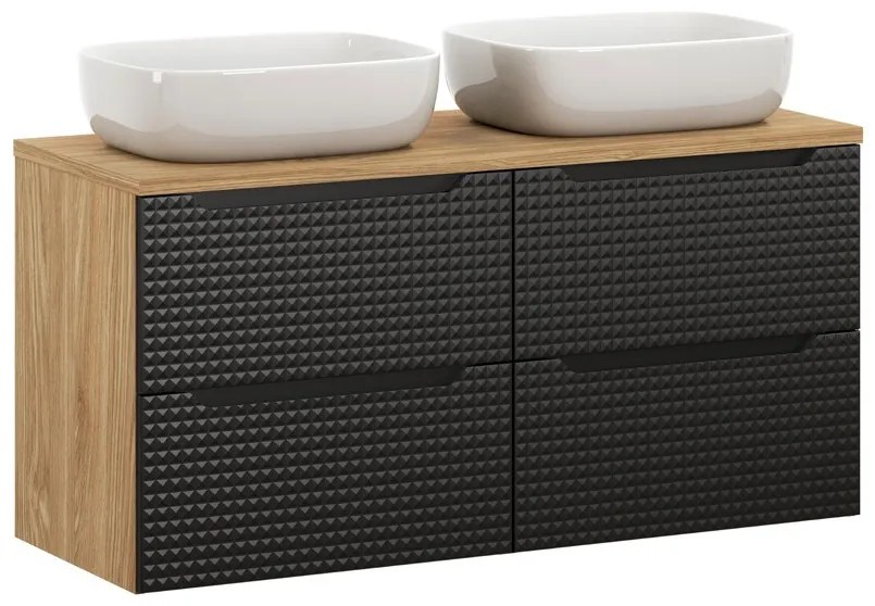 Závěsná skříňka Luxor Black s deskou a umyvadly 120 cm černá/dub olejovaný