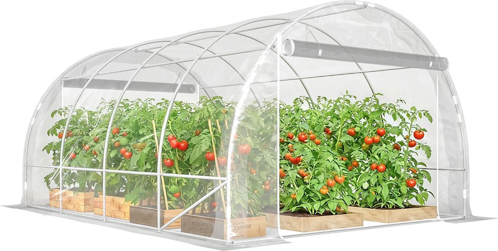 Outsunny tunelový zahradní skleník 3×4×2 m se 2 rolovacími dveřmi — ocelový rám, UV-odolná PE plachta, 4 diagonální výztuhy, průhledný | Aosom