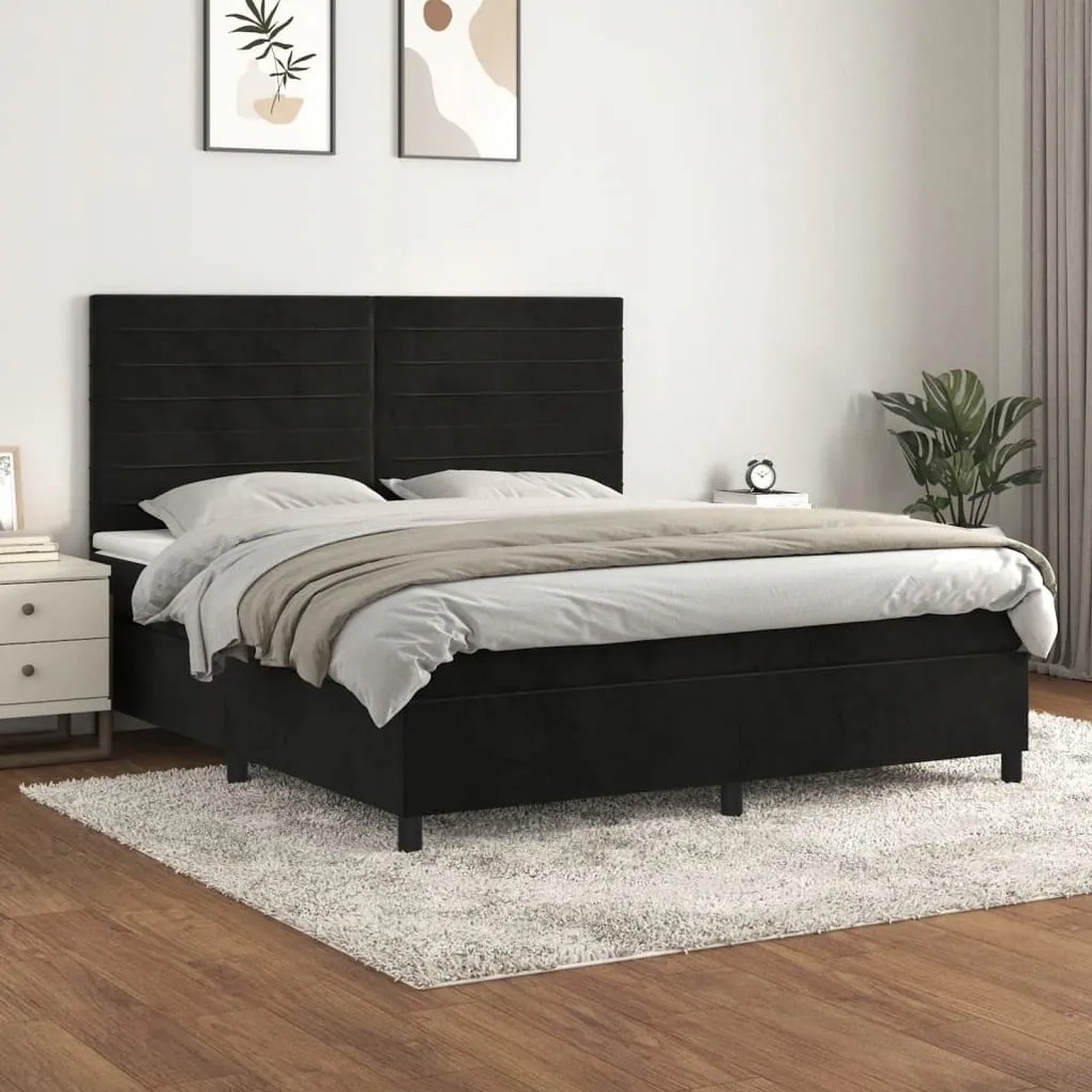 Box Spring Postel S Matrací Černá Samet Černá vodorovné pruhy 160 x 200 c