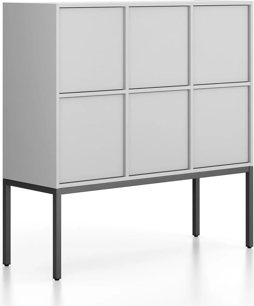Kancelářská skříň FRAME, nízká, černá podnož, 6x dveře, 1299 x 450 x 1331 mm, PUSH-lock, šedá