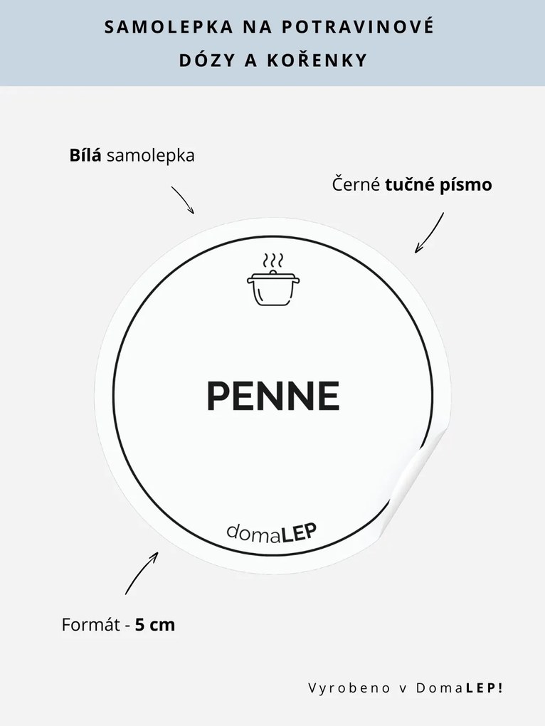 PENNE  – bílá samolepka na dózu, tučné písmo, 5 cm | DomaLEP