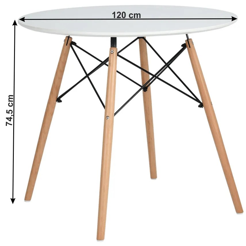 Jídelní stůl DEMIN průměr 120 cm, bílá matná, buk, kov černý