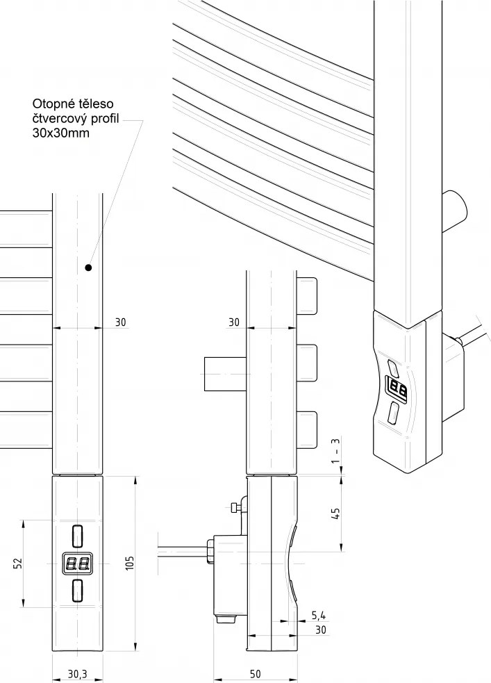 Hydronix Home Plus, čtvercový profil, topná tyč Barva topné tyče: Bílá, Výkon topné tyče: 600 W, Připojení topné tyče: Bez kabelu s mechanickým vypínačem