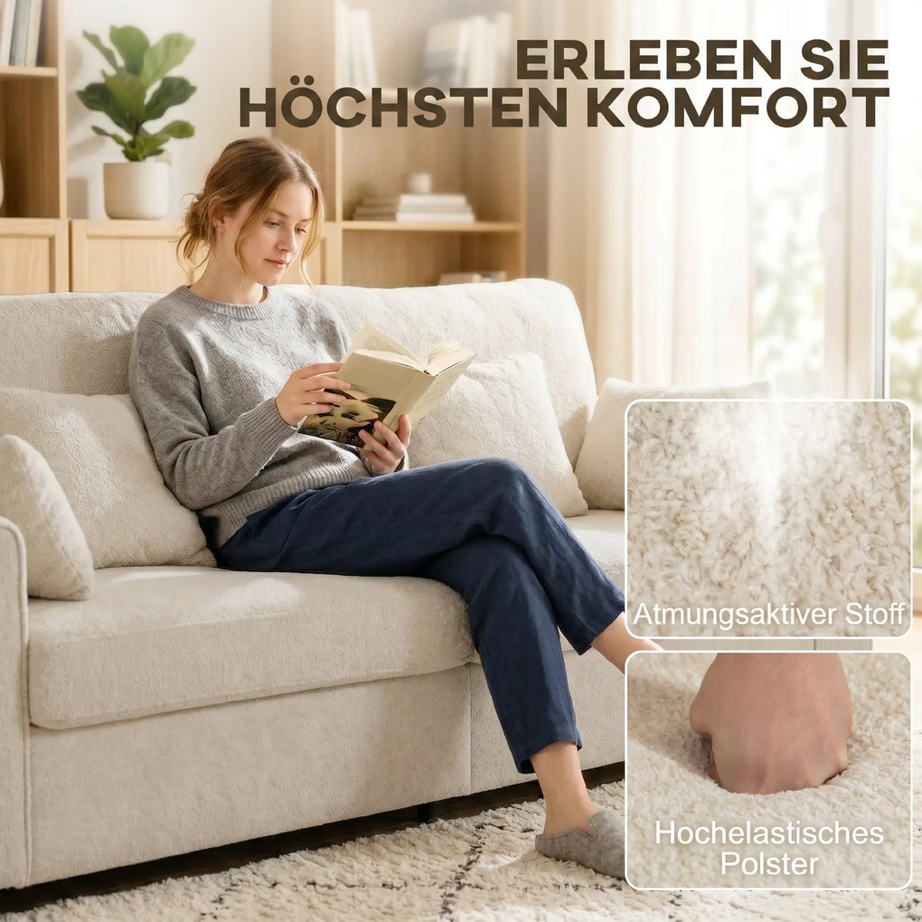HOMCOM 3místná pohovka s hlubokým sedákem, 211,5 cm, sametový vzhled, béžová, 4 polštáře