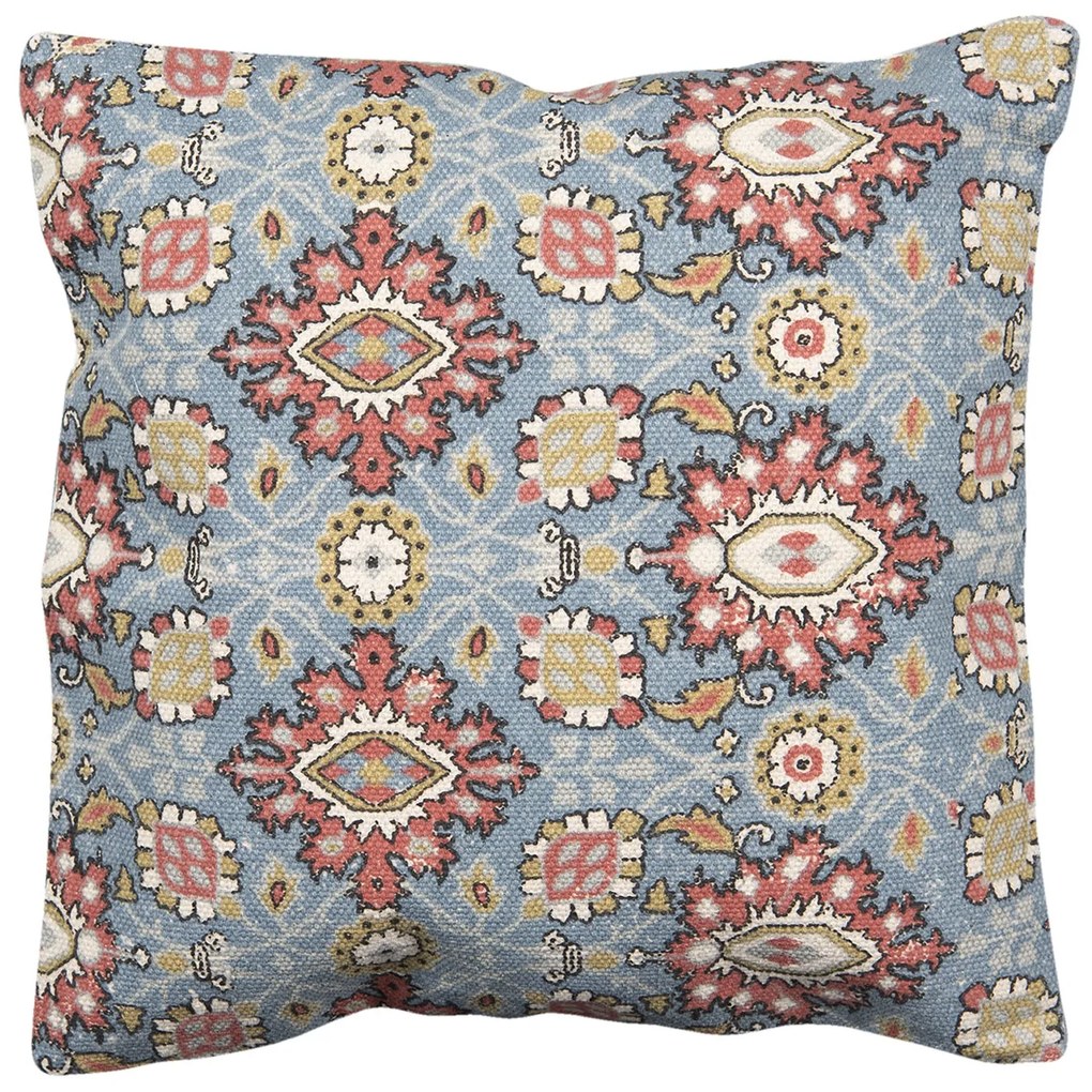 Modrý režný bavlněný povlak na polštář s ornamenty - 50*50 cm