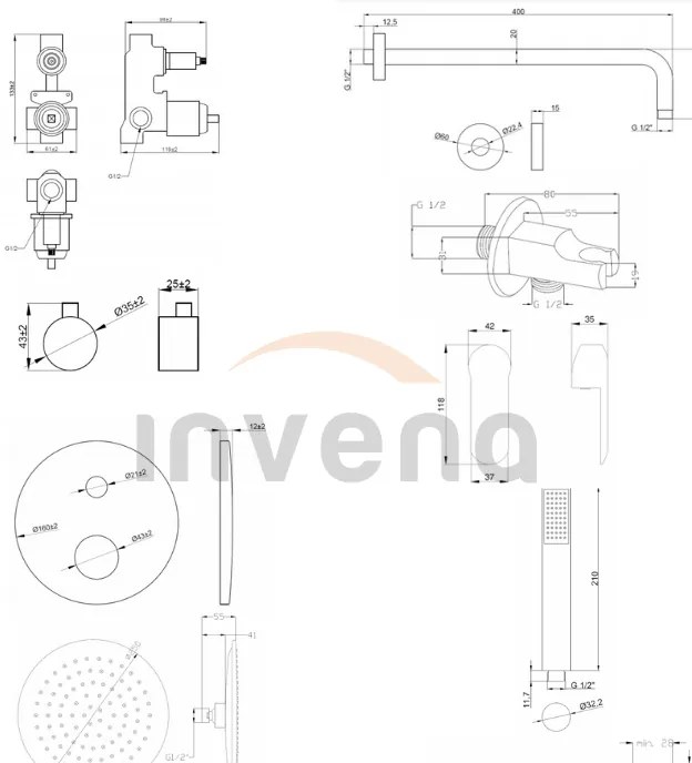 Invena Siros, podomítková sprchová sada s 2-výstupovým tělesem, černá matná, INV-BS-90-012-A