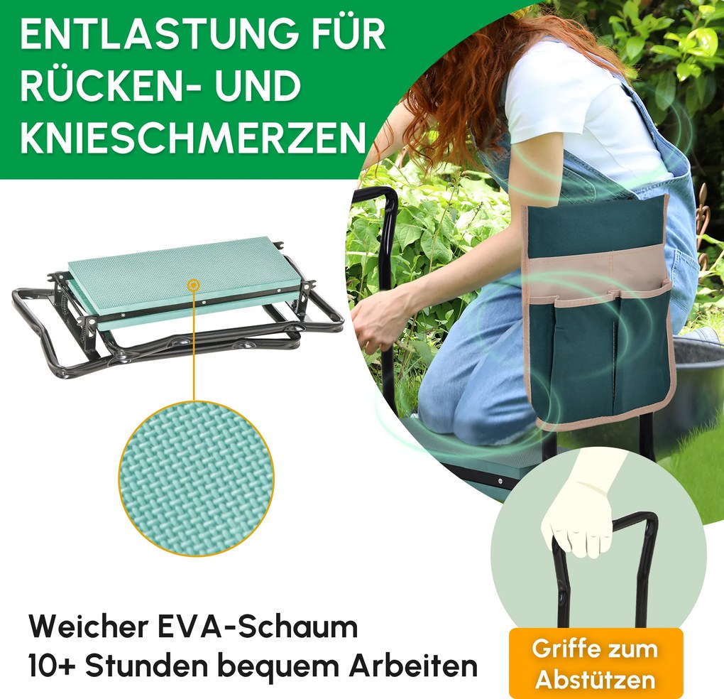 Outsunny kolenní lavice Skládací zahradní stolička 2 v 1 s brašnou na nářadí EVA pěna 58 x 28 x 49 cm pro zahradničení a rekreaci