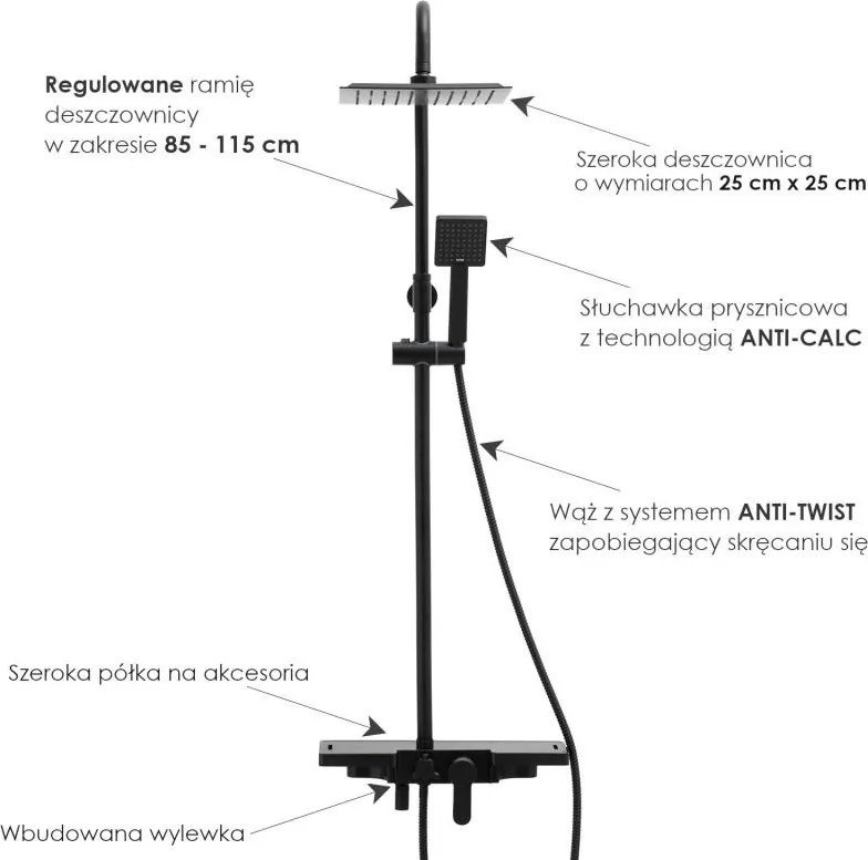 Erga Oslo, sprchová souprava s pákovou baterií a policí, černá matná, ERG-YKA-BP.OSLO-25-BLK