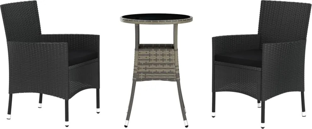 3dílný zahradní bistro set s poduškami černý polyratan 3187426