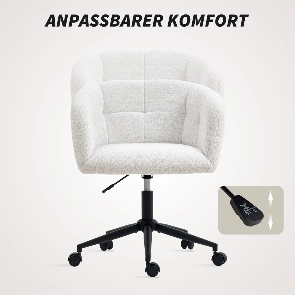 HOMCOM Polstrované kancelářské křeslo s plyšovým potahem, vaničkový design, pojízdné kancelářské křeslo, ocelová podstava, Krémová + Černá